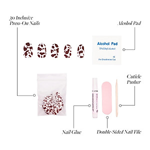 Glamnetic Press On Nails - Chocolate Milk | UV Finish Short Round Brown Cow Print Nails, Reusable | 15 Sizes - 30 Nail Kit with Glue