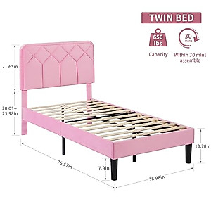 VECELO Twin Size Bed Frame Premium Leather Upholstered Platform with Height Adjustable Headboard/Mattress Foundation, Solid Wooden Slat Support, No Box Spring Needed/Easy Assembly