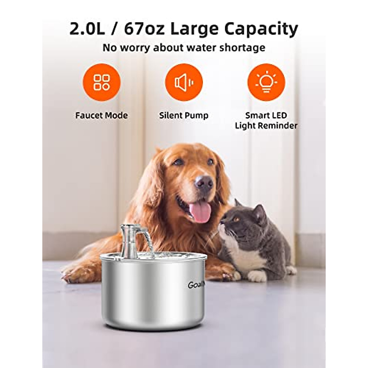 GoalMad Stainless Steel 67oz/2.0L Automatic Drinking Water Dispenser Cat Water Bowl Pet Water Fountain with LED Light & Filter for Cats, Dogs