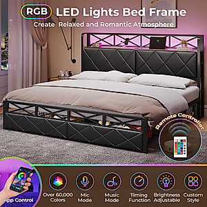 DICTAC California King Bed Frame with Hidden Storage and 2 Drawers Metal Cal King Size Platform Bed with Led Lights and Charging Station Led Bed with Upholstered Headboard,No Box Spring Needed,Black