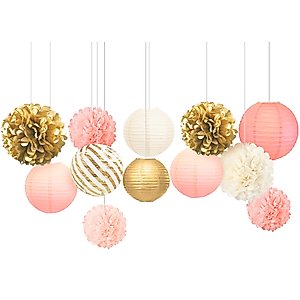 AOBKIAT Birthday Party Decorations Set for Girls Women,12PCS Pink Gold Tissue Paper Pom Poms Lanterns Flowers,for Engagement,Wedding,Baby Shower,Bridal Shower,Princess Party