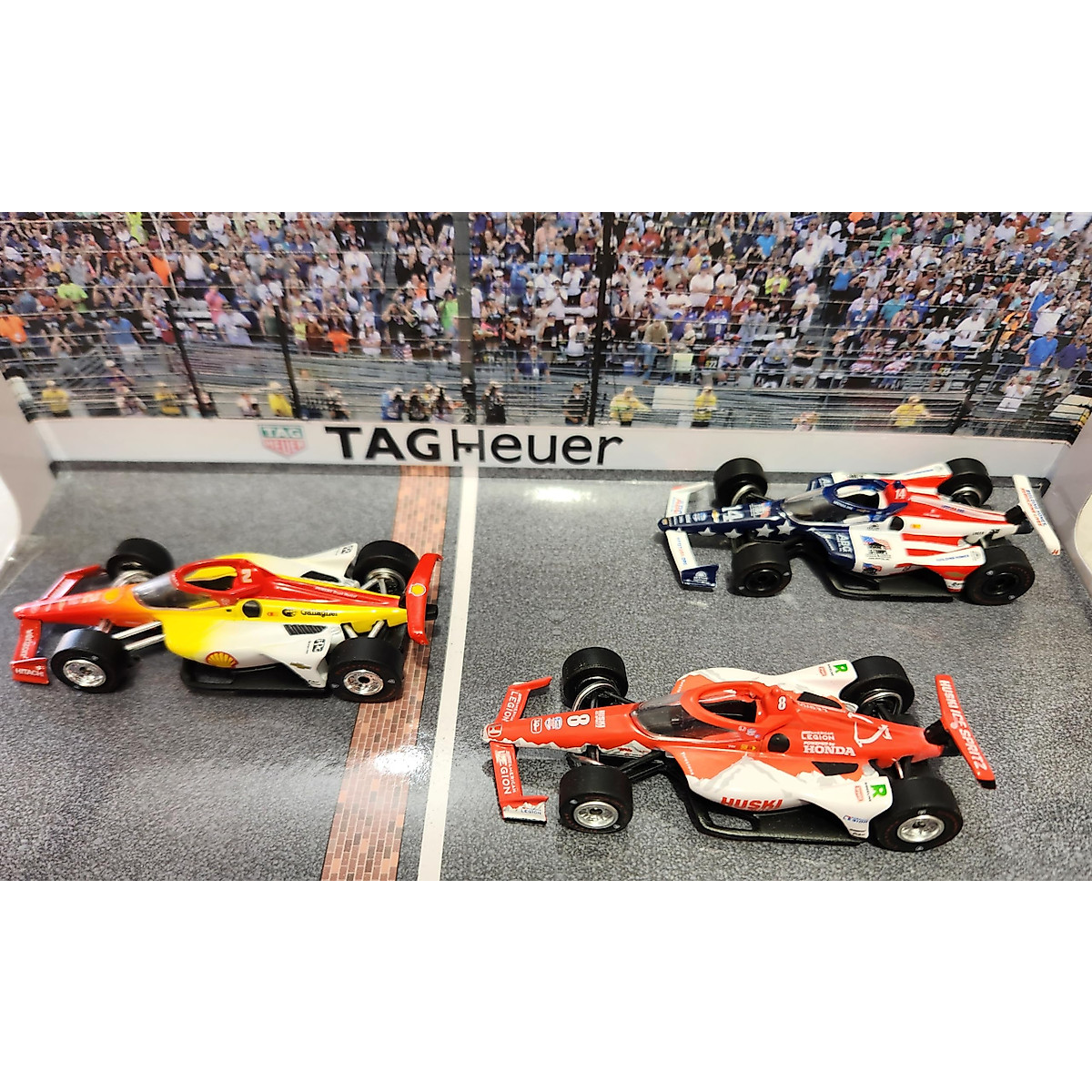Greenlight 11581 2023 Indianapolis 500 Podium 3-Car Set #2 Josef Newgarden, 8 Marcus Ericsson, 14 Santino Ferrucci 1:64 Scale Indy 500 in Diorama Display Box