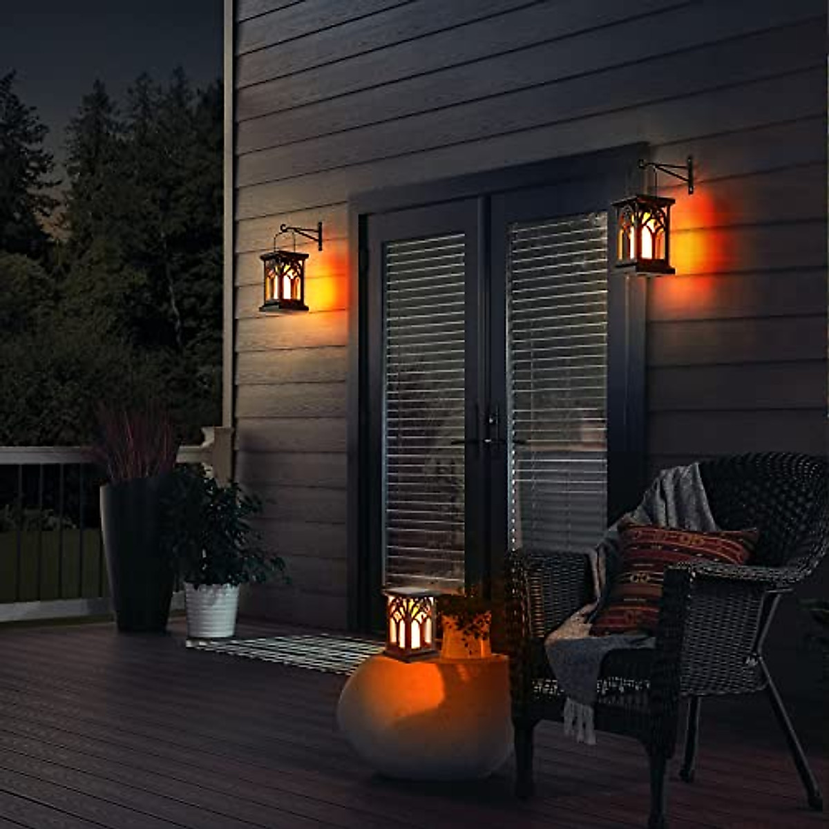 Tewei Solar Wall Lantern Outdoor Hanging Solar Lights, Flickering Flame Waterproof Solar Wall Sconce 3-Lighting Mode, Hanging Solar Lamps Patio Light Fixture for Fence Porch and Yard, 2 Pack