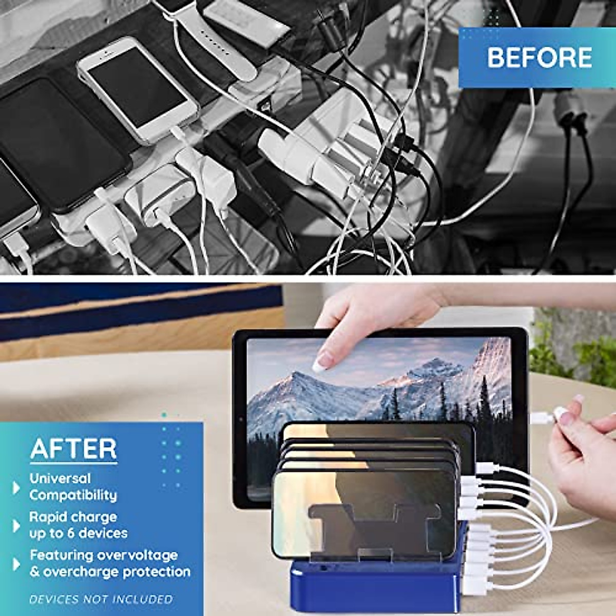 Hercules Tuff Charging Station for Multiple Devices - 6 Ports - (4) iOS Compatible, (1) USB-C & (1) Micro USB Cable for Cell Phones, Smart Phones, Tablets, and Electronics, Blue