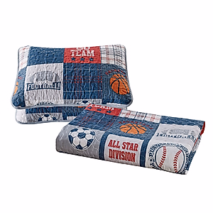 Linen Plus Bedspread Set Kids/Teens All Star Sport Basketball Soccer Baseball Football Plaid Patchwork Pattern Blue Red Grey Orange White # Go Team (Twin)