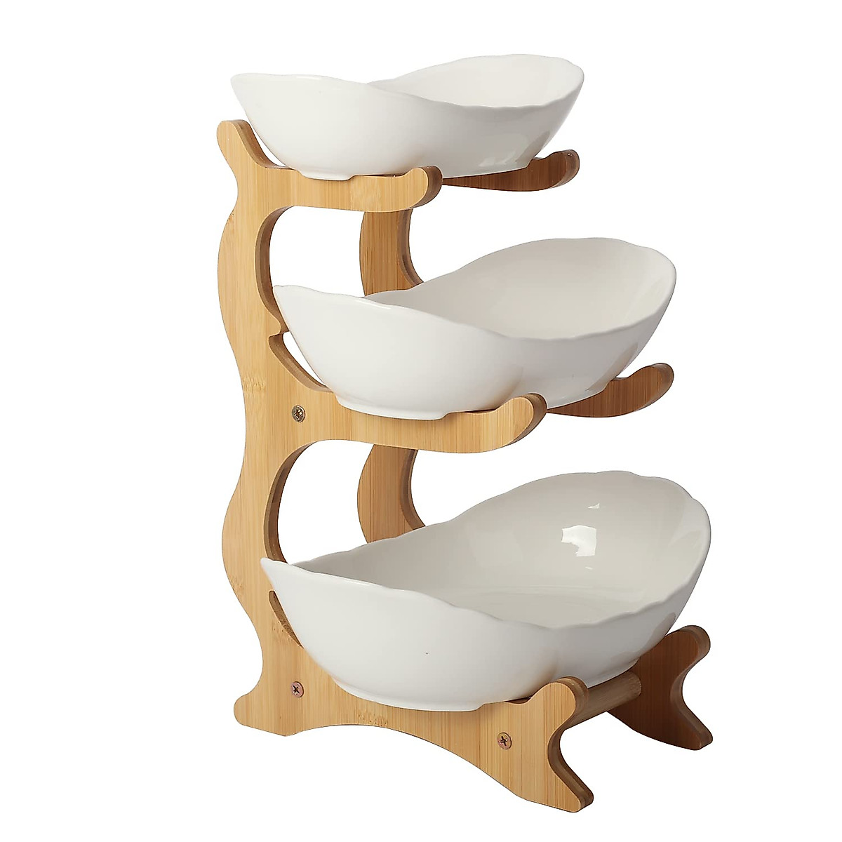 AIWFL 3 Tier Fruit Basket White Fruit Bowl with Bamboo Holder Fruit Ceramic Serving Tray Dessert Serving Stand for Candy Fruits Snacks Nuts Storage Holder