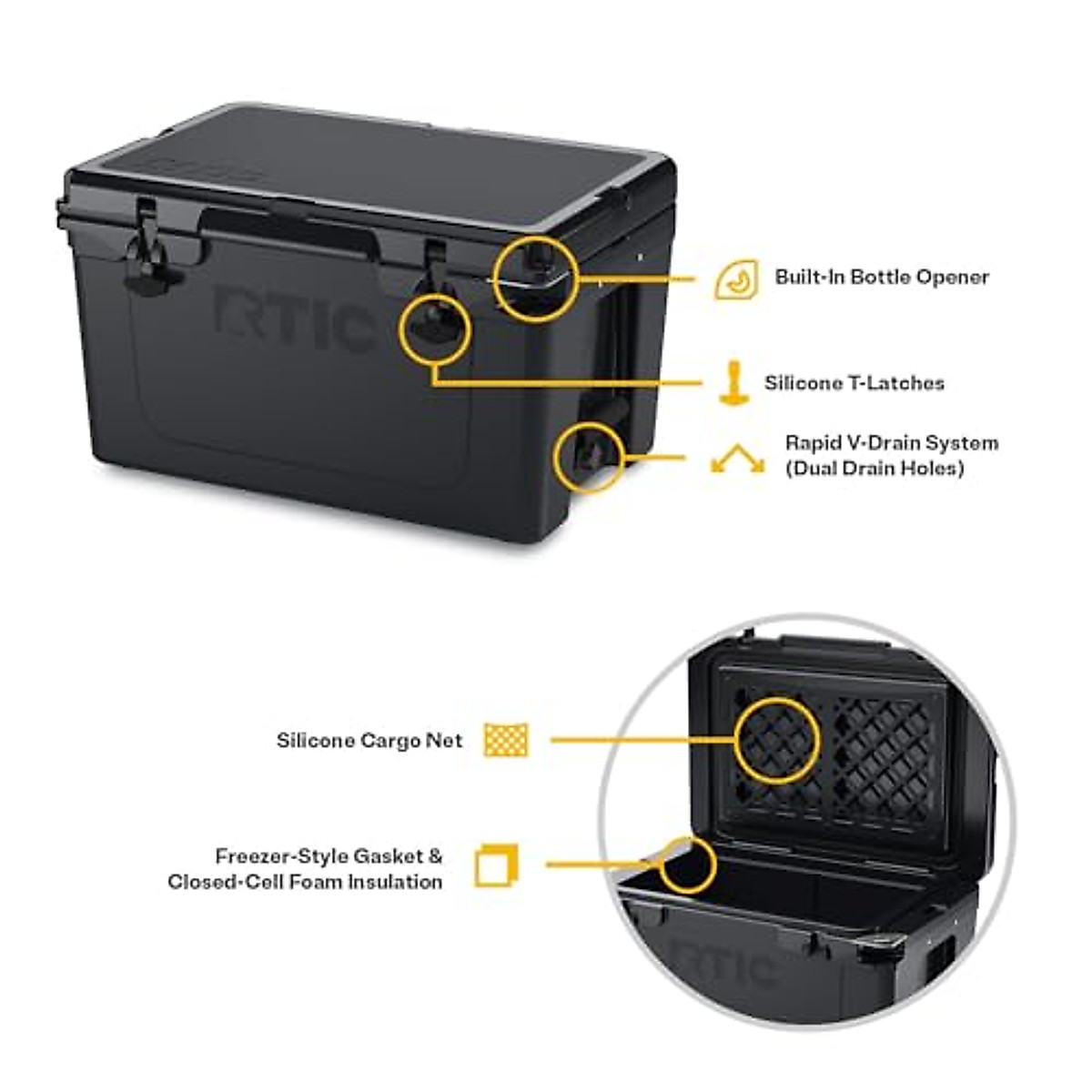 RTIC 45 QT Ultra-Tough Cooler Hard Insulated Portable Ice Chest Box for Beach, Drink, Beverage, Camping, Picnic, Fishing, Boat, Barbecue, Black