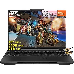 ASUS TUF Gaming A16 Laptop 16" FHD+ 165Hz 7ms 100% sRGB AMD Octa-core Ryzen 7 7735HS (Beat i7-11800H) 64GB RAM 2TB SSD Radeon RX 7600S 8GB Graphic Backlit USB-C USB4 Fast Charging Win11 + HDMI Cable