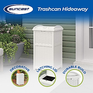 Suncast 33 Gallon Durable Plastic Hideaway Outdoor Garbage Can Trash Bin with Lid and Wicker Design for Backyard, Deck, or Patio, White