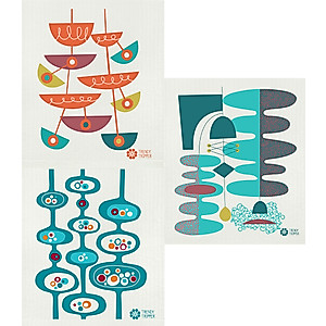 Trendy Tripper Reusable Swedish Dishcloths/Sponge Cloths, Set of 3 Mid-Century Modern Designs (Pods, Slicers + Pendants) by Jenn Ski - Assorted Colors (Petrol/Turquoise/Orange)