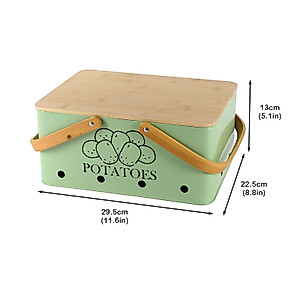 Xbopetda Potato Storage for Pantry, Metal Potato Storage Box with Bamboo Lid and Handle, Potato Bin Onion Storage with Aerating Holes, Kitchen Counter Organizer Container for Potato Onion Garlic-Green