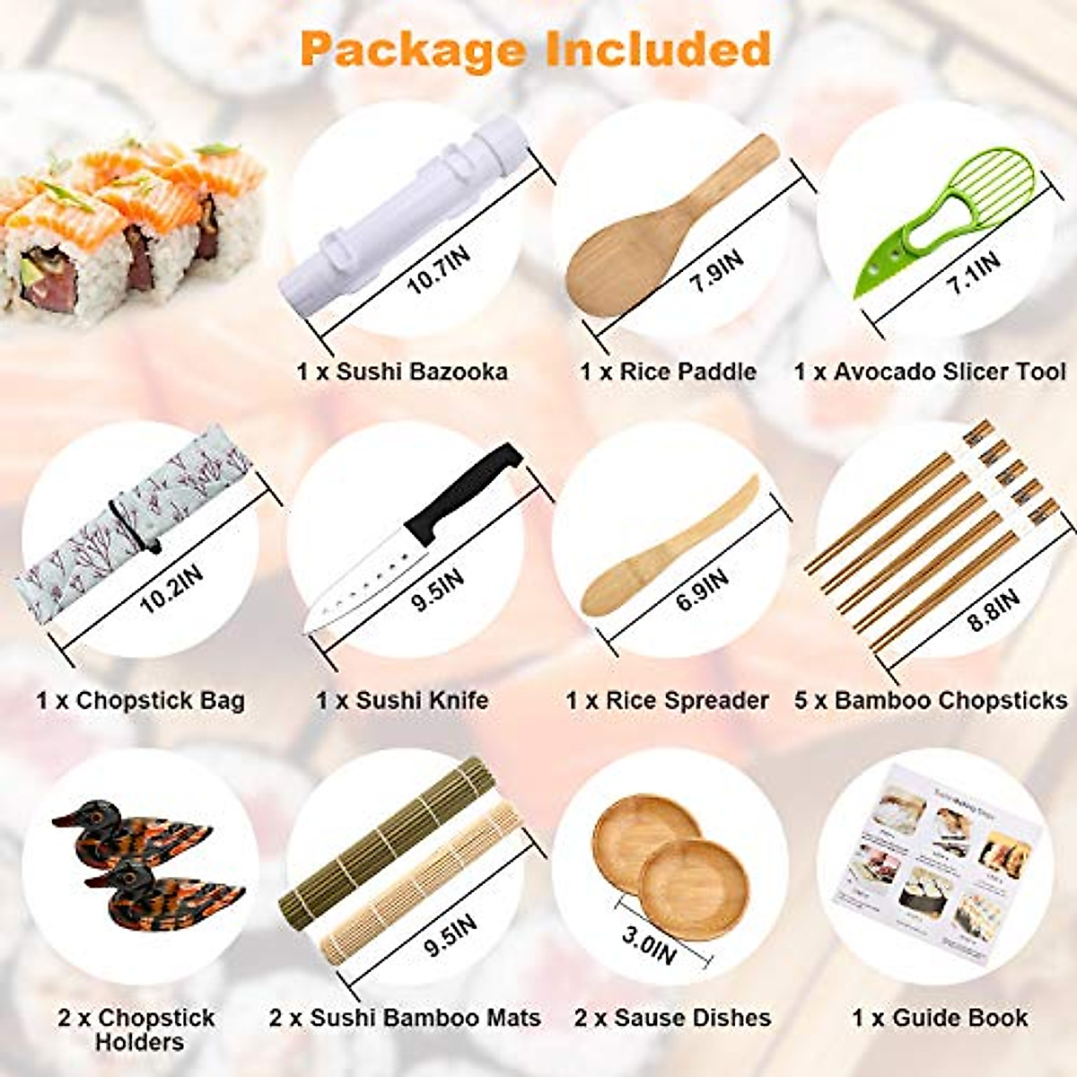 Sushi Making Kit, Sushi Roller Set, All in One Sushi Maker Kit, with Bamboo Rolling Mat, Sushi Bazooka, Chopsticks Holders, Rice Paddle, Avocado Slicer for Beginners, Kids, Family, Friends, Home