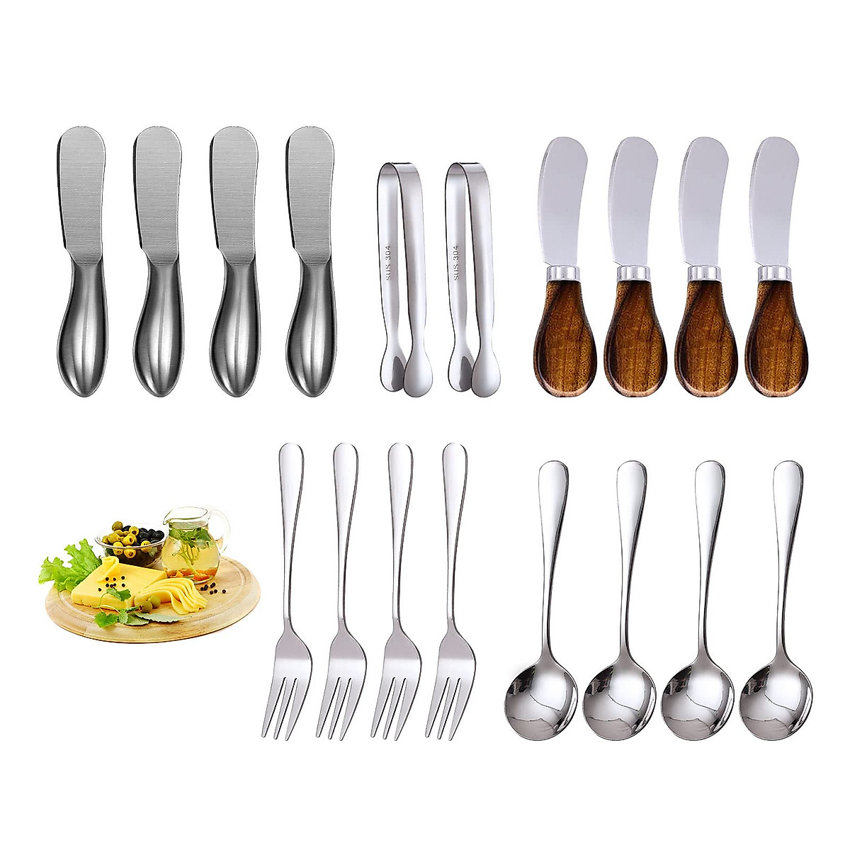 Cheese Spreader Knife Set (18 Pcs) 丨Charcuterie Accessories丨Stainless Steel Butter Knife, Serving Spoons, Forks and Mini Tongs, Used for Cheese, Butter, Jam, Pastry and Other Kitchen Daily Gadgets