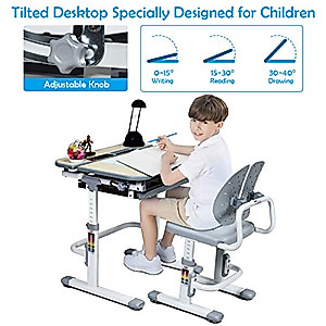 BABY JOY Kids Desk and Chair Set, Height Adjustable, Children Study Table with Tilted Desktop, Pull Out Spacious Storage Drawer, Student Writing Desk for Studying, Reading and Drawing (Gray)