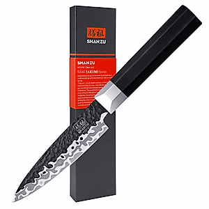SHAN ZU Japanese Paring Knife 3.7 Inch, 7 Layers 9CR18MOV High Carbon Steel Small Kitchen Knife Ultra Sharp Fruit Knife with Ergonomic G10 Handle,Petty Utility Knife for Slicing/Chopping/Dicing