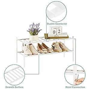 quiqear Bamboo Shoe Rack, 2 Tier Shoe Rack Organizer, Stackable & Durable Shoe Shelf Holder, Free Standing Shoe Racks, Shoe Storage Organizer for Entryway, Closet, Hallway (White)