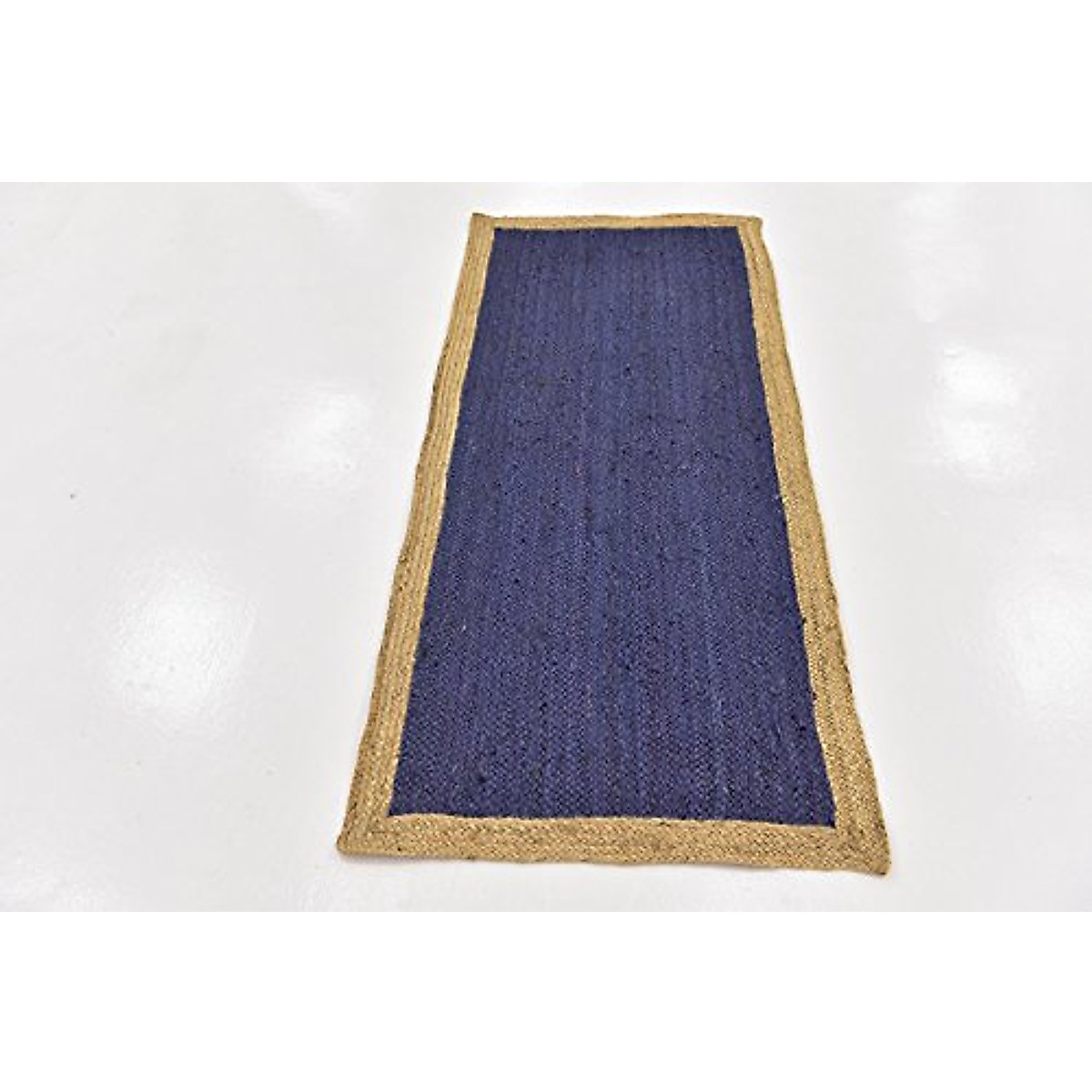 Unique Loom Braided Jute Collection Classic Quality Made Natural Hand Woven with Solid Color Detail, Area Rug, Runner 2' 6" x 6' 0", Navy Blue/Tan