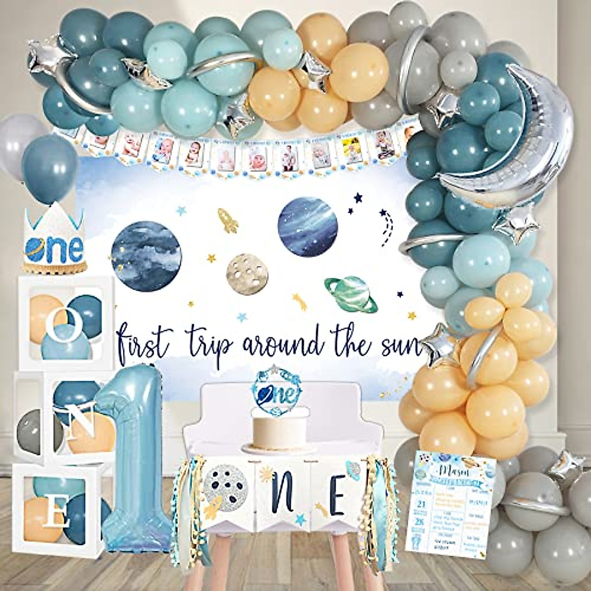 YSHMFEUX First Trip Around The Sun Birthday Decorations Party Supplies, Space Theme 1st Birthday Party Decor, 1st Birthday Boy Decorations, Baby Boy 1st Birthday Decor