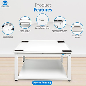 EZ Laundry | Upgraded 29” Universal Laundry Pedestal – 700lbs Capacity, Raises 16” with Built-in Drain Pan + Hose, Adjustable Feet, Anti-Vibration, Steel & Storage Shelf for Washer & Dryer (White)