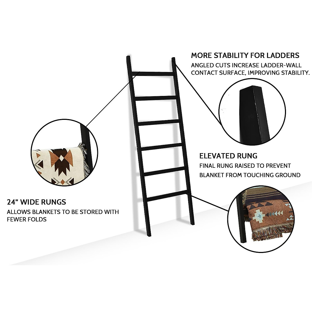 FUIN 6.4ft Extra Wide Wooden Blanket Ladder Living Room Decorative Wal Leaning Farmhouse Quilt Display Holder Rustic Wood Towel Rack for Bathroom, Black, 24 inch Wide