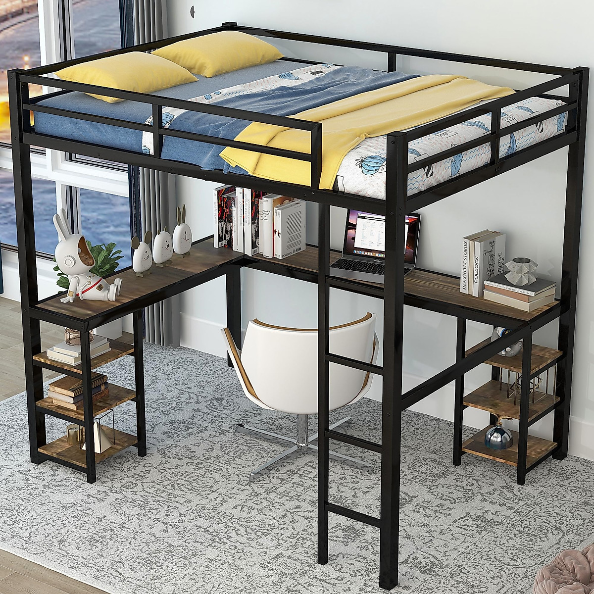 Full Size Loft Bed with Desk and Build in Ladder, Metal Loft Bed with Storage Shelves, L-Shaped Desk and Full Length Guardrail, Full Loft Bed for Kids, Girls, Boys, Teens, Black Loft Bed