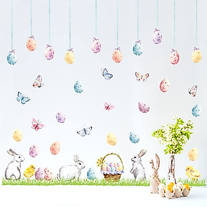 Happy Easter Wall Stickers Easter Egg Wall Decals Easter Bunny Wall Decals Peel and Stick Rabbit Wall Stickers Bunnies Colorful Butterfly Wall Stickers Removable Easter Window Stickers Decorations