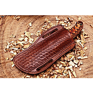 Leather Knife Sheath, Slanted Pancake Sheath, Tooled Leather Sheath, Belt Sheath, Beautiful Cow Boy Bull Cutter Knife Leather Sheath 100% Real Leather and Exotic Cow Hide Sheath - OHM-103 (OHM-103 PANCAKE)