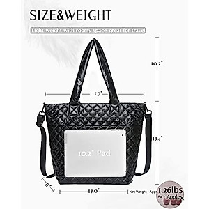 Hsitandy Quilted Tote Bag for Women,Weekender Bag,Light Nylon Quilted Crossbody Shoulder Bag for Travel,Work(Black)