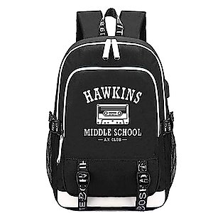 jupkem Stranger Hawkins Middle School AV Club College USB Charging Backpack Laptop Bag Travel Bookbag Over 6 Years Old