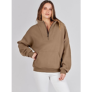 ANRABESS Womens Half Zip Sweatshirts Oversized Crop Pullover 2024 Winter Y2K Fleece Hoodie Sweater Teen Girls Fall Clothes Brown Large