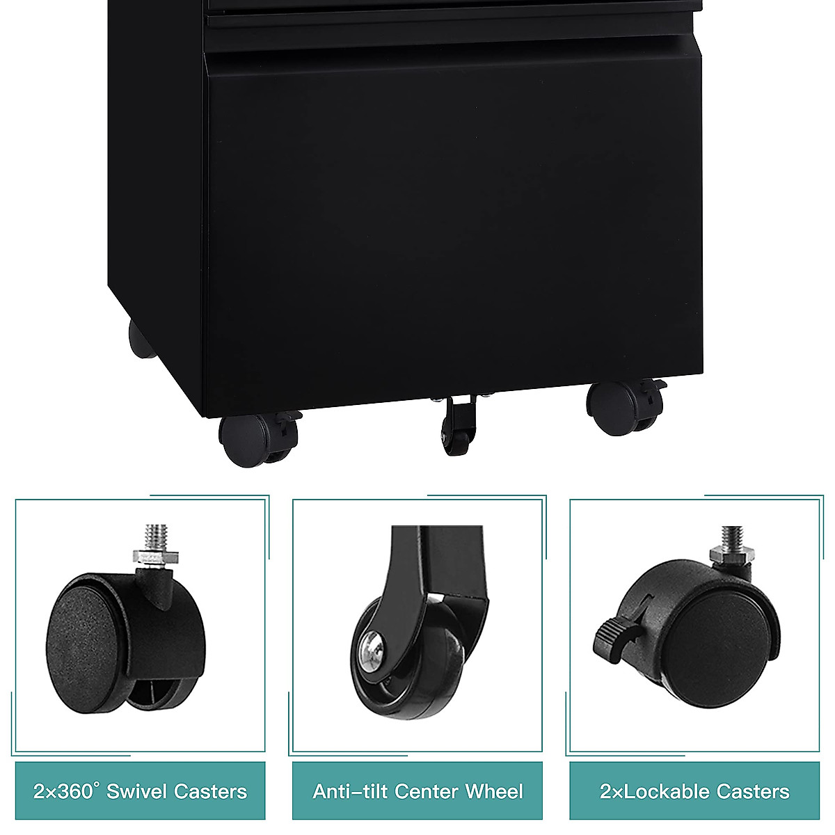 MIIIKO 3 Drawer File Cabinet, Metal Filing Cabinet with Lock Rolling Wheels, Office Storage Under Desk,Deep Drawers for Hanging Legal Letter Fill, Full Assembled Except Casters