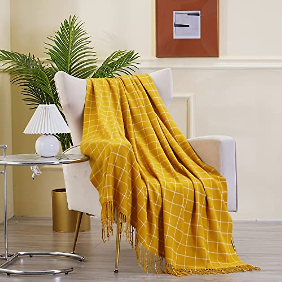 Bangya Acrylic Plaid Throw Blanket with Decorative Fringe Classic Home Throw Blanket,Decorative Classic Blanket Shawl Blanket,for Travel，Bed, Sofa, Couch,Office (50 in x 67 in, Orange)