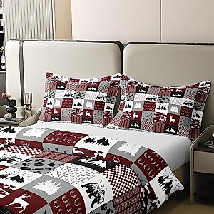 Rustic Patchwork 100% Cotton Duvet Cover Queen Size, Bear Moose Deer Comforter Cover, Retro Camouflage Bedding Set, Farmhouse Hunting Theme Soft Breathable Bedspread Cover with Zipper & Corner Ties