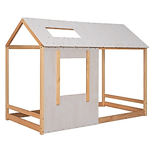 Twin House Bed for Kids, Wooden Twin Floor Bed Frame with Roof and Window, for Girls Boys (Twin Size, Natural+Antique White)