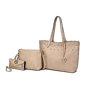 MKF Collection Tote Shoulder Bag for Women, Crossbody Purse & Wristlet -Pocketbook 3 PCs Handbag Set Beige