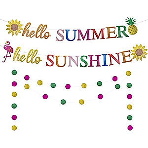 Hello Summer Banner, Glittery Hello Sunshine Classroom Decor Sign, Hello Summer Decorations for Home Office, Hello Summer Birthday Party Decorations, Sunflower Flamingo Pineapple Hawaiian Party Decor