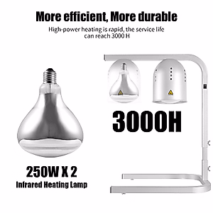 VORIGY Heat Lamp for Food, with Two 250W Bulbs for Fast and Even Heating, Food Heat Lamp with Adjustable Height Stand, Commercial Food Warmer Lamp for Home, Fast Food Restaurant, Buffet, Bakery Silver
