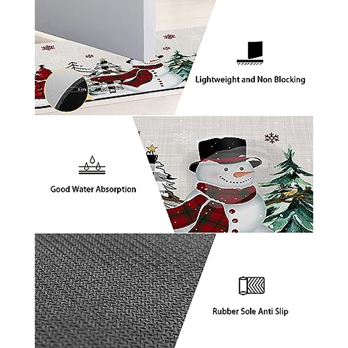 Snowman Bath Mat for Tub,Non Slip Bathroom Floor Runner Rug Quick Dry & Absorbent Diatomaceous Earth Shower Sink Bedroom Kitchen Washable Doormat,Snowflake Christmas Red Buffalo Plaid 24x36+24x71