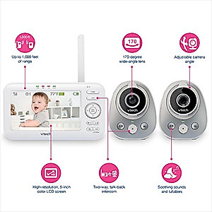 VTech VM352-2 5” Digital Video Baby Monitor with 2 Cameras, Wide-Angle Lens and Standard Lens, Silver and White