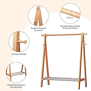 FekCits Kids Clothing Rack Dress Up Storage with Storage Shelf, Natural Beech Child Garment Rack with 2 Hooks 37.5" L x 14.5" W x 39.5" H, Clothes Hanging Rack for Kids, Pets