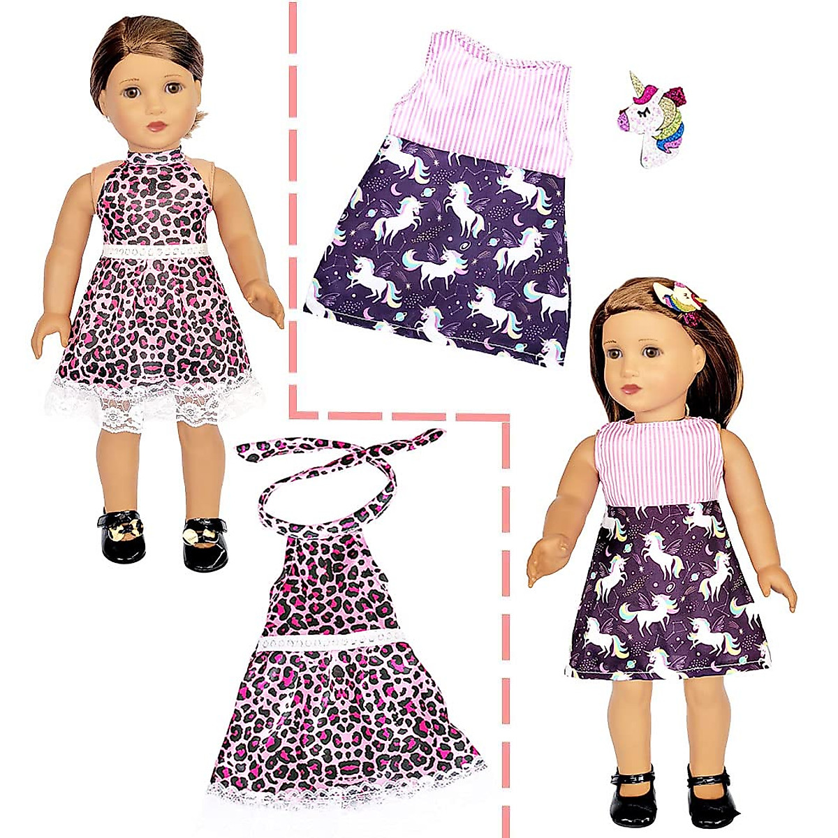 HOAKWA 18 inch Doll Clothes and Accessories fit American 18'' Dolls - Including 10 Complete Set of 18 inch American Doll Clothes Outfits Dress with Unicorn Hair Clips, Hair Bands, Underwear