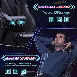 Shahoo Gaming Chair with Footrest and Massage Fuction Lumbar Support, 360°Swivel and Height Adjustable Seat with Headrest for Office or Bedroom, Study Room, Black