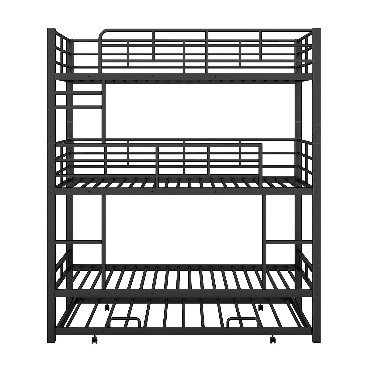 RuiSiSi Triple Twin Metal Bunk Bed with Trundle, 3 Twin Bunk Beds for Kids with Ladder, Can Be Divided Into 2 Beds, Heavy Duty Frame（Black）
