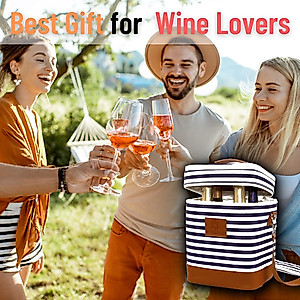 HAMILO 4 Bottle Wine Carrier - Stripe, Champagne Carrier Bag, Waterproof Wine Tote Bag with Expandable Zipper and Padded Shoulder, Insulated Wine Bag, Wine Cooler Bag, Wine Accessories Gift for Women
