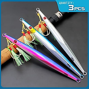 Gefischtter 3pcs Saltwater Vertical Fishing Jigs Metal Jigging Spoon Speed Fast Deep Sea Jigging Fishing Lures Glow Lead Jigs with Assist Hooks for Tuna,Bass,Dogtooth,Grouper/5.64oz(160g)