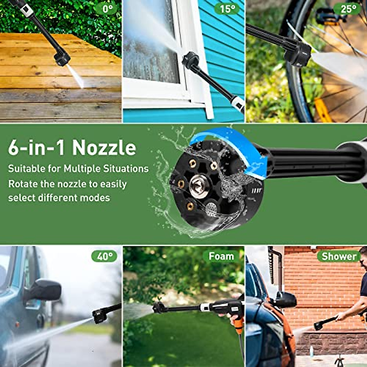 HZG Cordless Pressure Washer, Brushless Portable Pressure Washer,3 Adjustable Levels with 6-in-1 Nozzle,Max 950 PSI, 2× 21V 4.0Ah Rechargeable Battery for Car,Fence,Floor Cleaning & Watering,Black