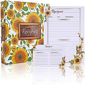 KitchenMania Sunflower Recipe Binder Kit, 8.5x9.5 Recipe Ring Binder 3 Ring Organizer Set with 50 Recipe Cards 4x6 Double Sided, 12 Category Dividers Tabs and Page Protectors