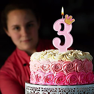UVTQSSP 3.54 Inches 3th Birthday Candles Pink Number 3 Candles with Golden Glitter Crown Cake Topper Decoration for Party Wedding Celebration Reunions Anniversary Party Supplies Kids Adults