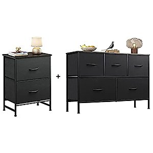 WLIVE 2-Drawer Nightstand and 5-Drawer Dresser Set, Fabric Storage Tower for Bedroom, Hallway, Nursery, Closets, Tall Chest Organizer Unit with Textured Print Fabric Bins, Steel Frame, Charcoal Black