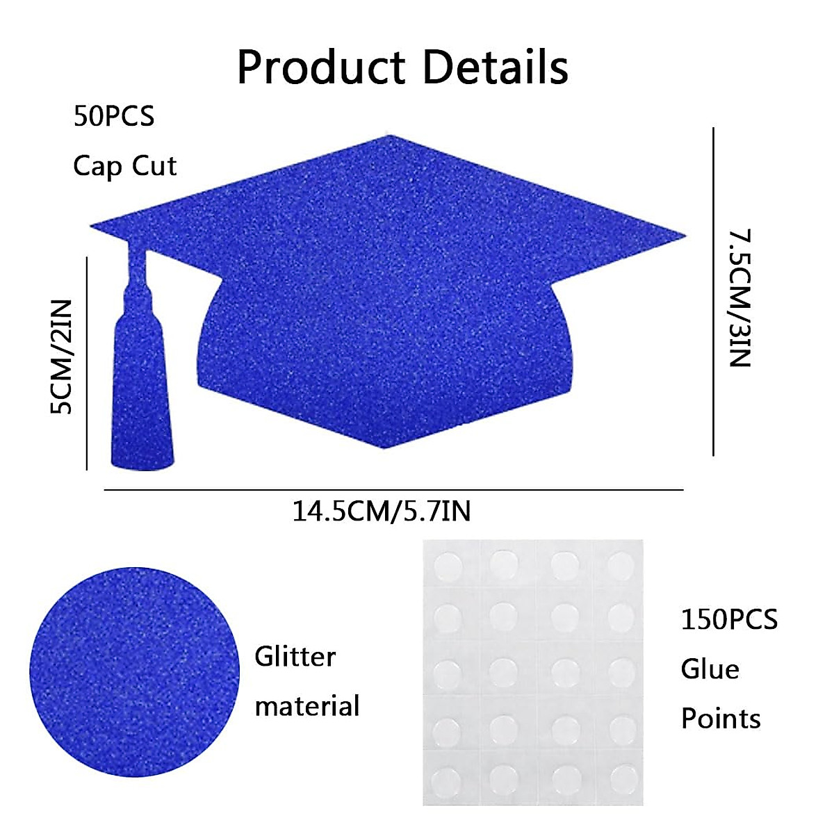 50Pcs Glitter Grad Caps Cutouts with 150Pcs Glue Points, Blue Graduation Cap Cut Table Decorations for 2024 High School College Graduation Party Supplies